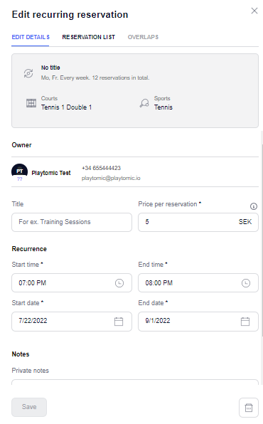 How to edit recurring reservations – Playtomic Manager