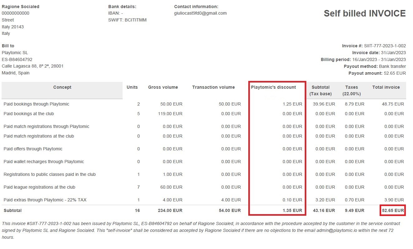 Comparación de la lista de pagos y la autofactura – Playtomic Manager