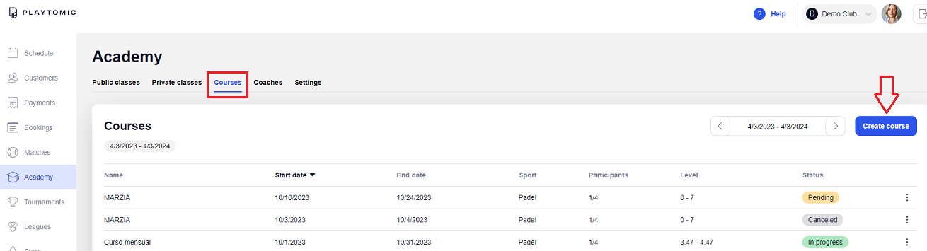 Create and Manage a course – Playtomic Manager