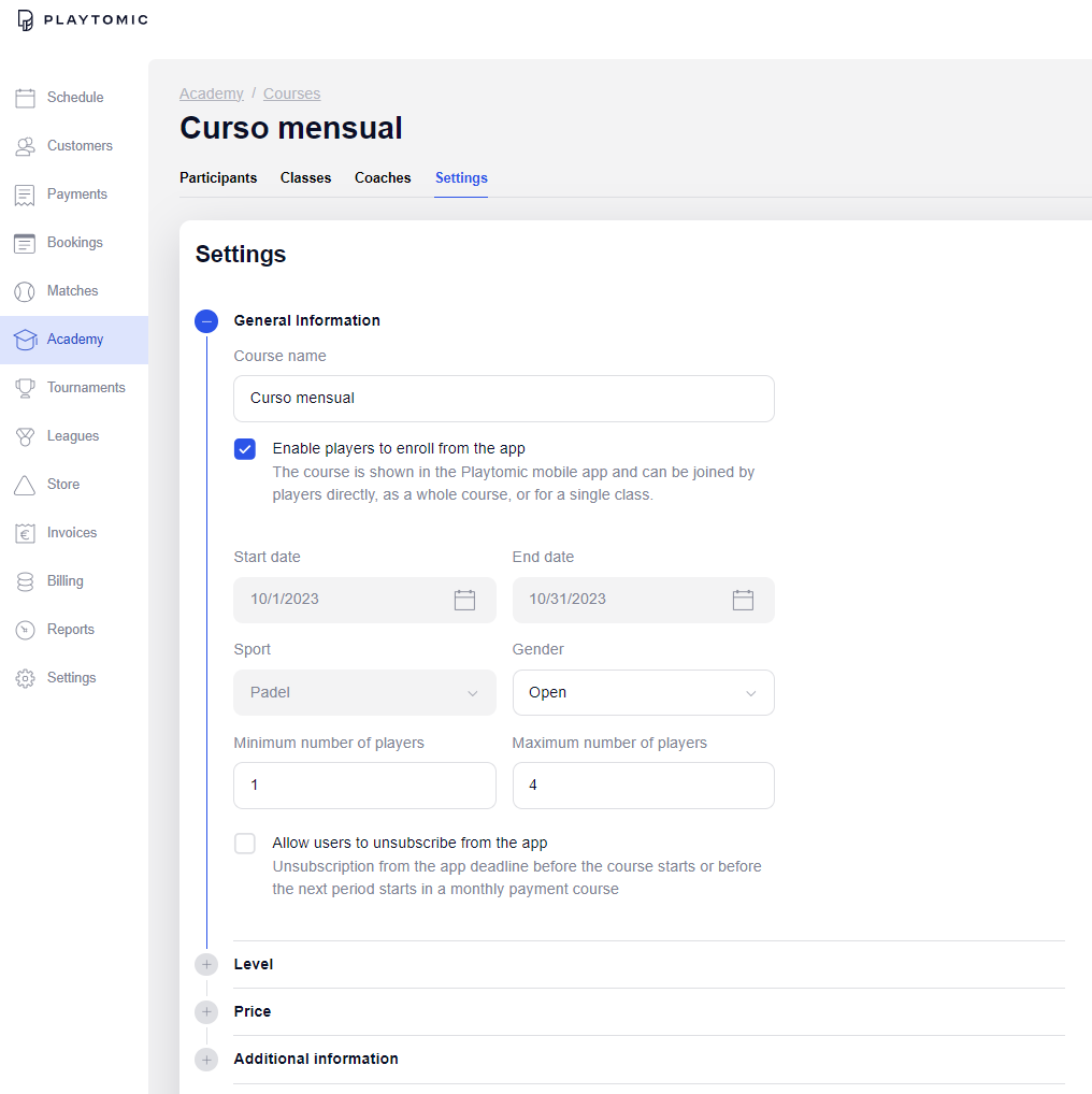 Create and Manage a course – Playtomic Manager