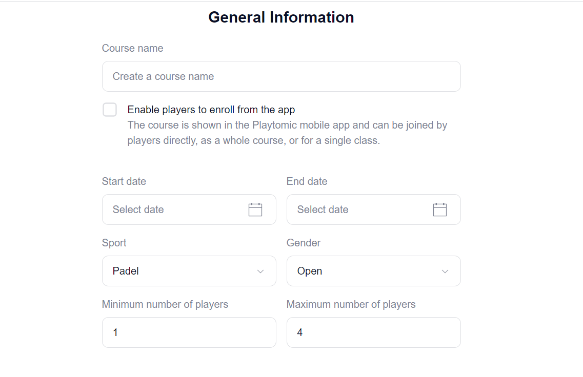 Create and Manage a course – Playtomic Manager