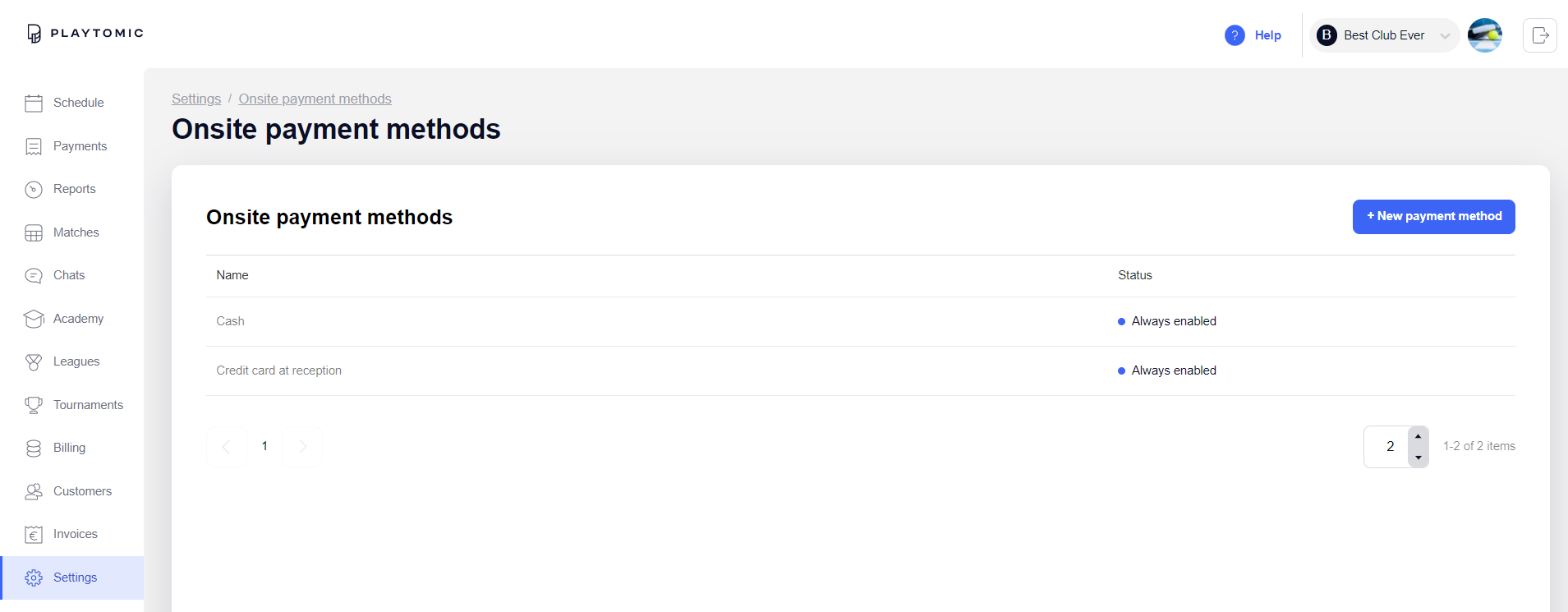Onsite Payment Methods – Playtomic Manager