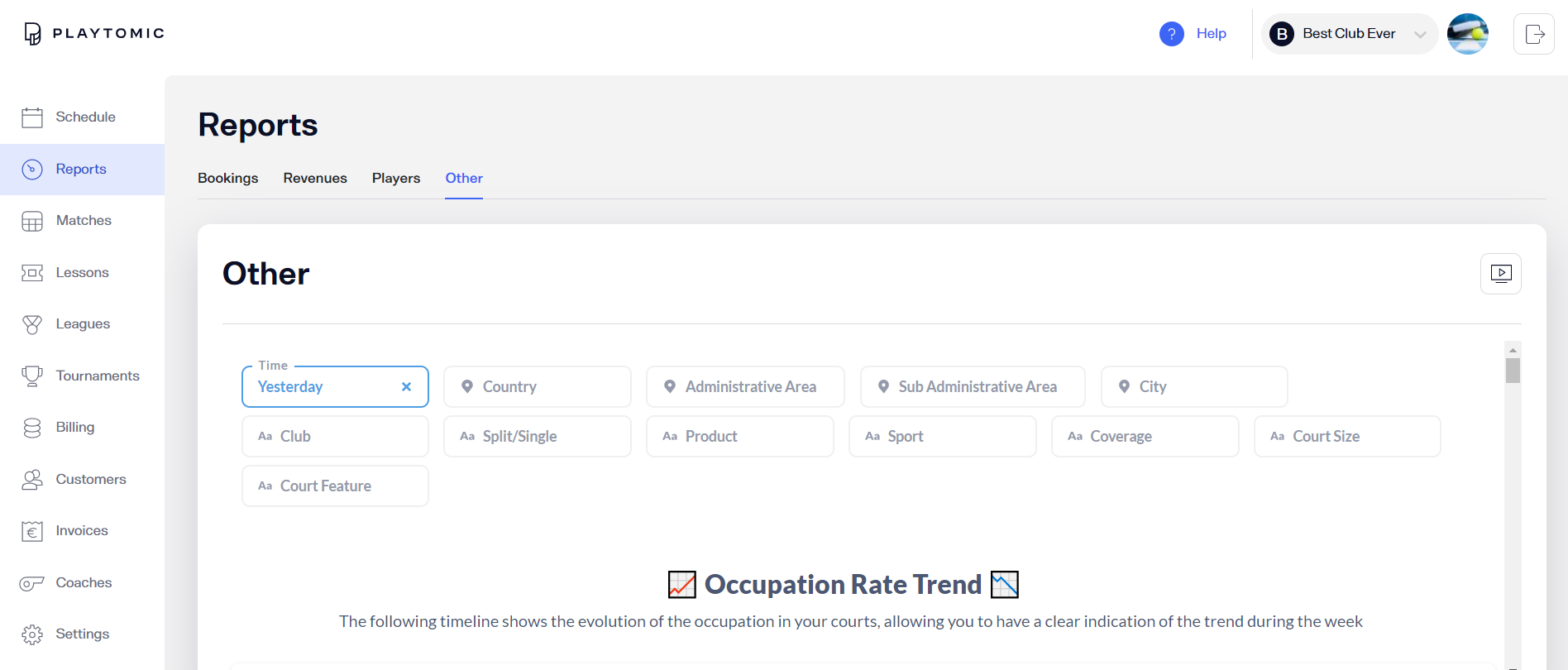 Other reports – Playtomic Manager