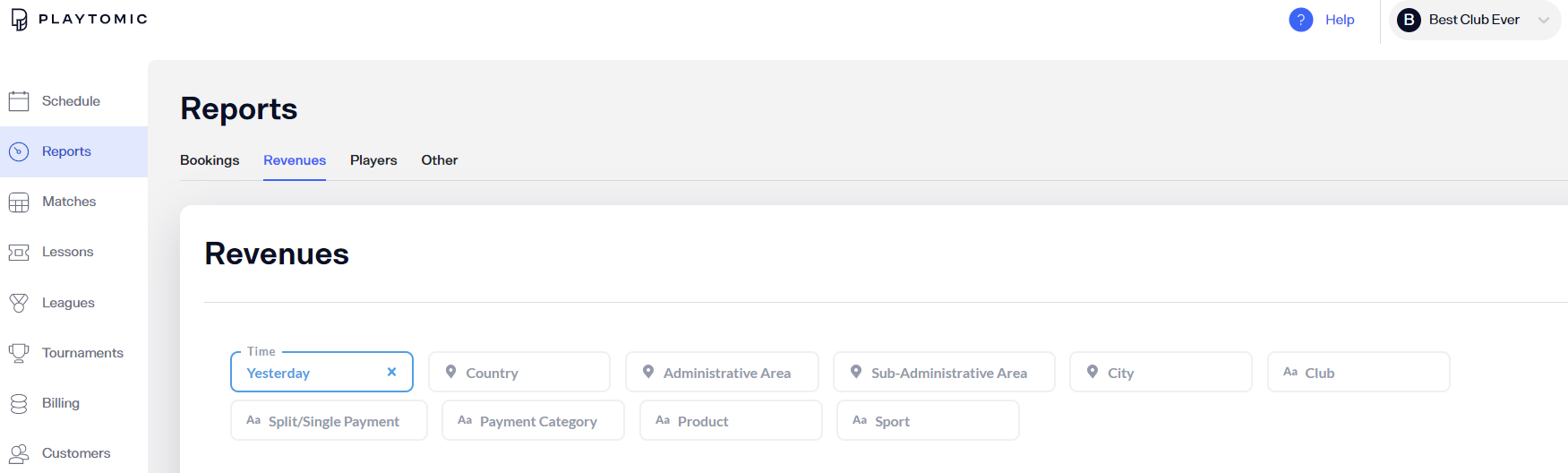 Revenues reports – Playtomic Manager