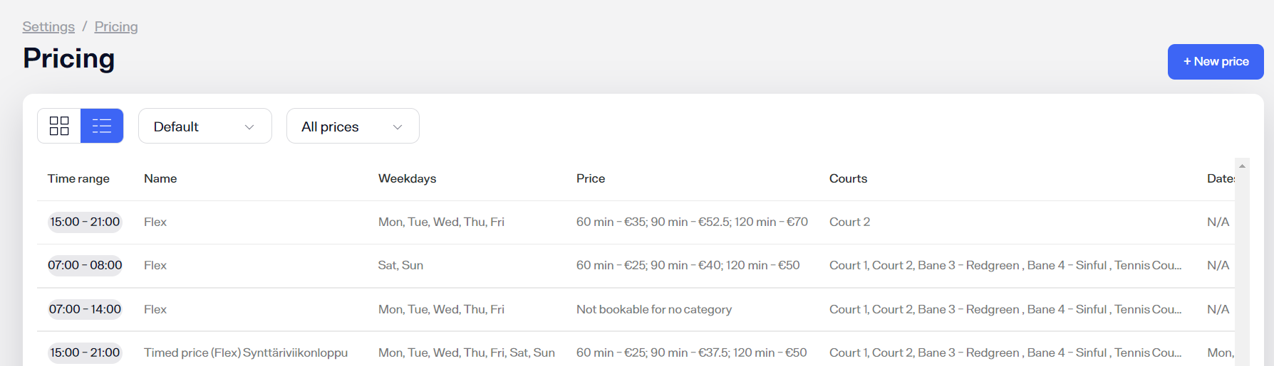 Timed Prices – Playtomic Manager