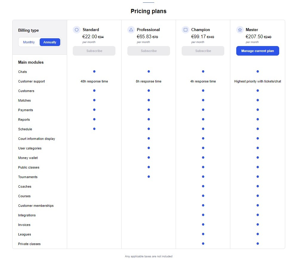 Pricing and subscription plans – Playtomic Manager