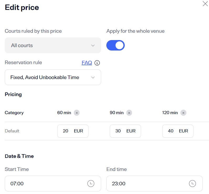 How to add/edit prices – Playtomic Manager