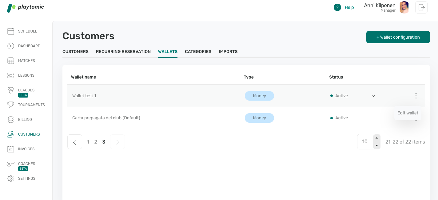 Club or Merchant Wallets – Playtomic Manager