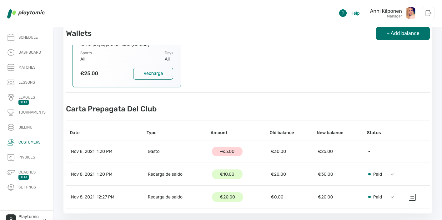 Club or Merchant Wallets – Playtomic Manager